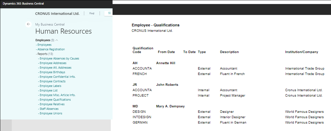 HRM (Human Resource Management) functionalities in Business Central